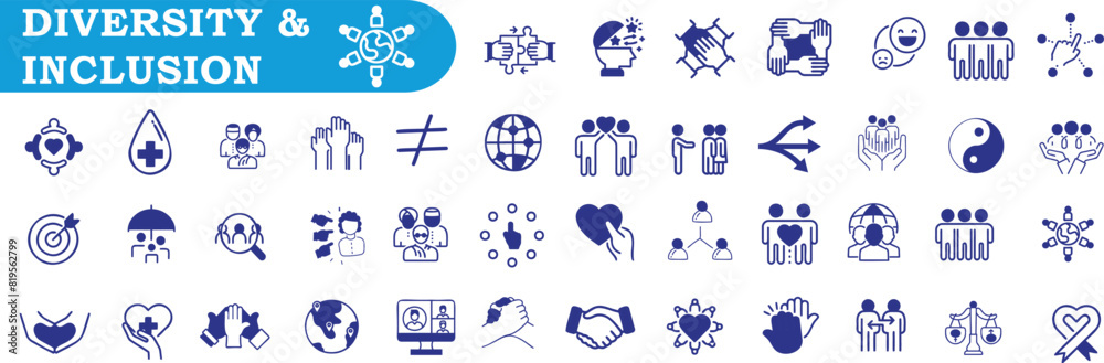 Diversity inclusion icons on white, blue banner. Symbols for equality ...