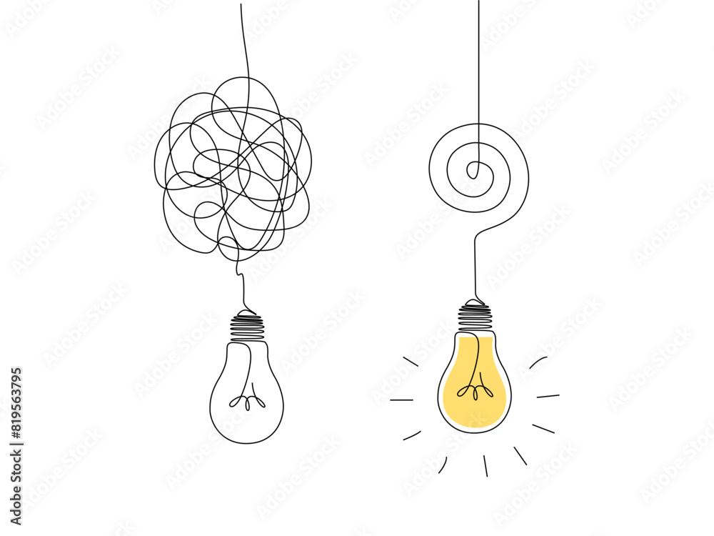 Tangled and scribble wires with light bulbs in One continuous line ...