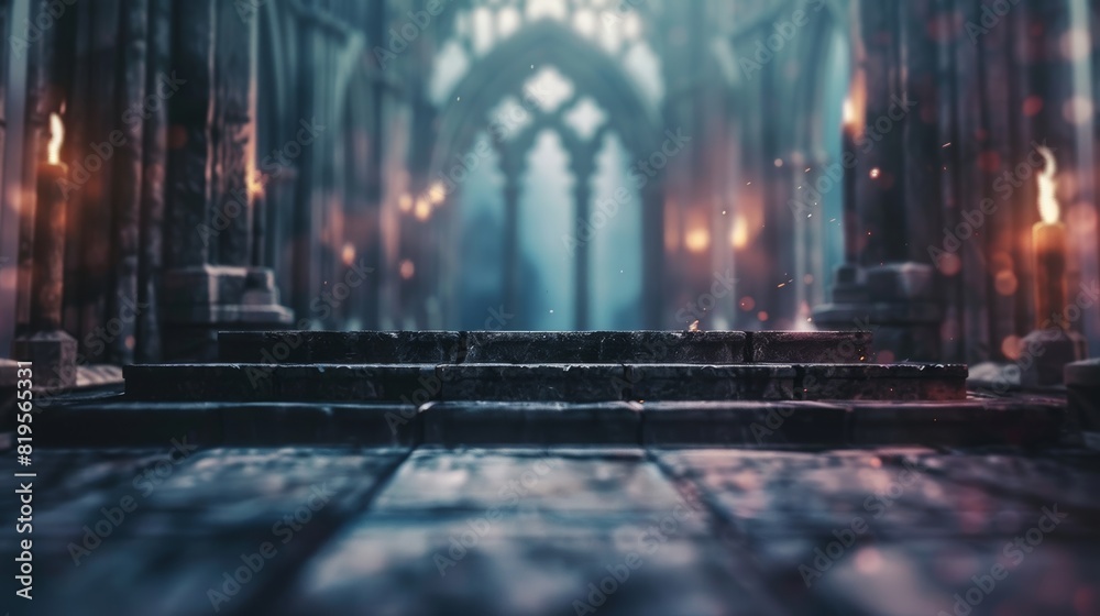 Ethereal cathedral interior with gothic arches, stairs, and warm ...