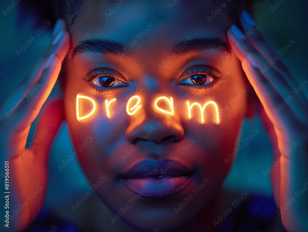 Dream, glowing letters in hand, light hitting face generative ai art ...