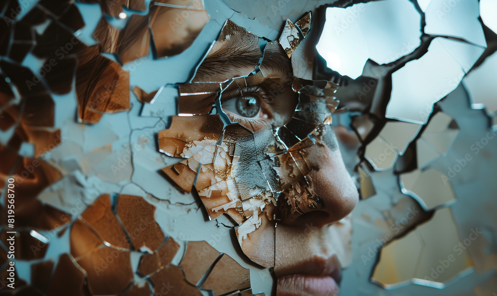 The sight of a person's reflection in a broken mirror, revealing a ...