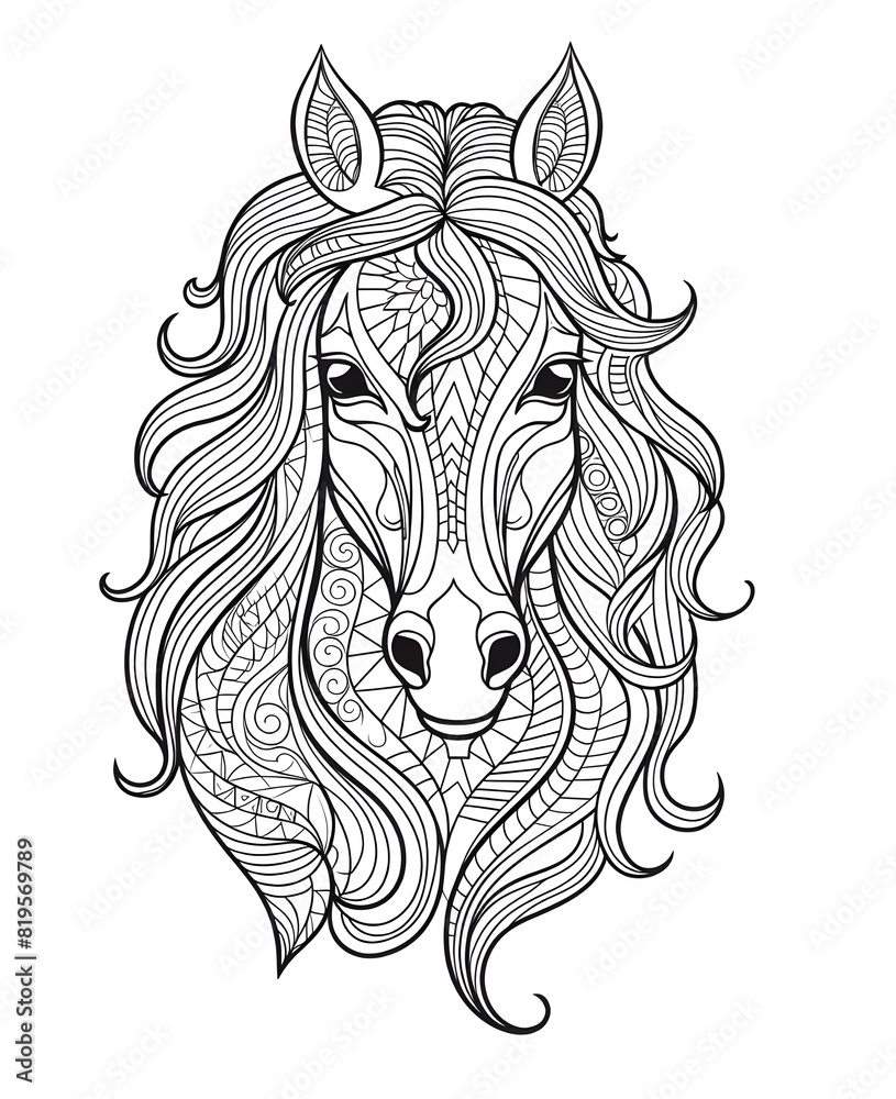 Hand drawn zentangle horse for adult coloring page, art therapy ...