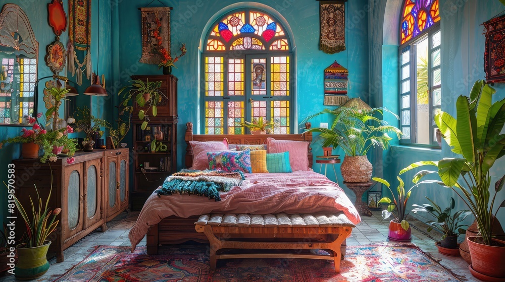 stained glass window, boho bedroom with pink and teal accents, vibrant ...