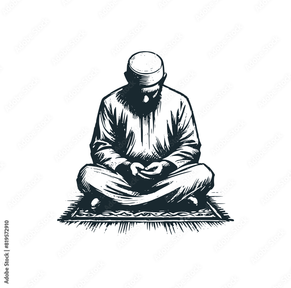 Muslim praying. Black white vector illustration. Stock Vector | Adobe Stock
