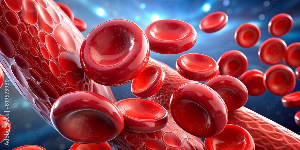 Red blood cells flow in human veins, medical background. Macro view of ...