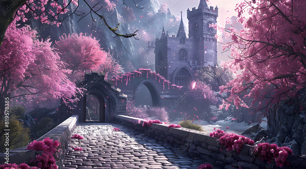 Fantasy landscape with a medieval castle in the background. A ...