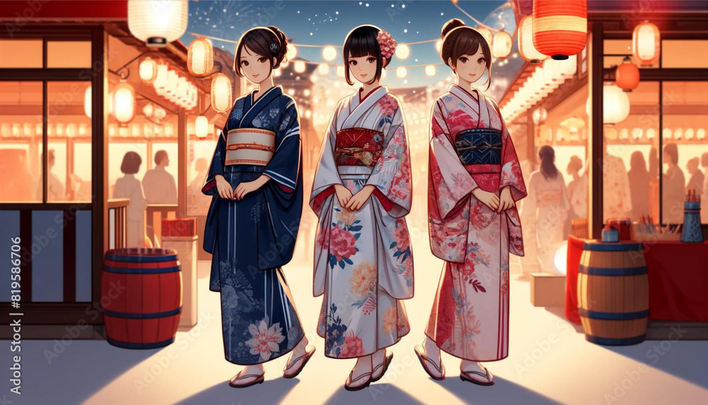 Three Japanese Women in Traditional Yukatas at a Summer Festival: A ...