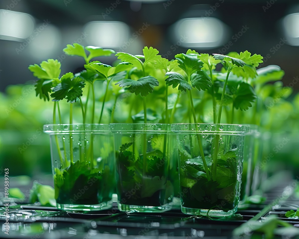 Fresh green cilantro seedlings in transparent plastic containers placed ...