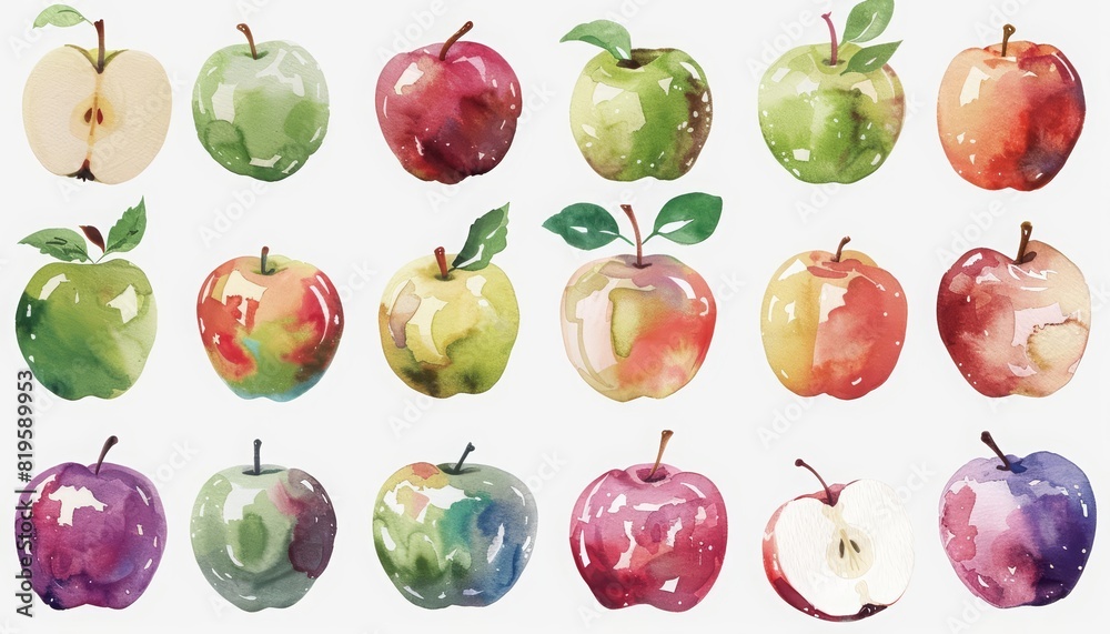 A set of water color of apple varieties, from tart to sweet, captured ...