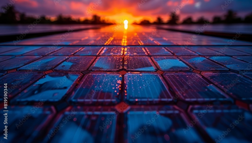 Solar panels glistening with water droplets under a vivid sunset ...