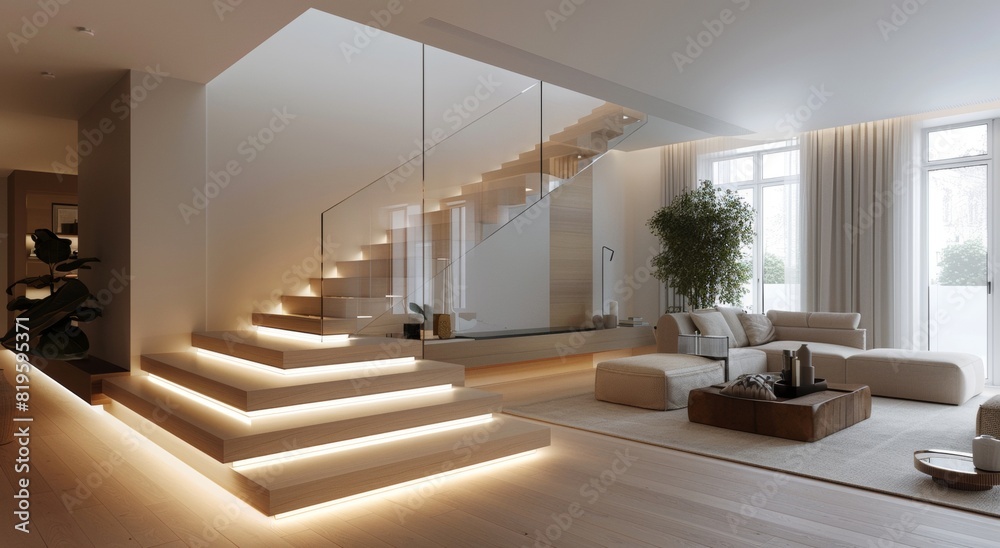 Staircase with LED lights, glass balustrades and wooden steps in the ...