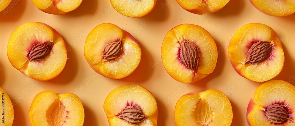 Top view of sliced peaches with pits on a peach-colored background ...