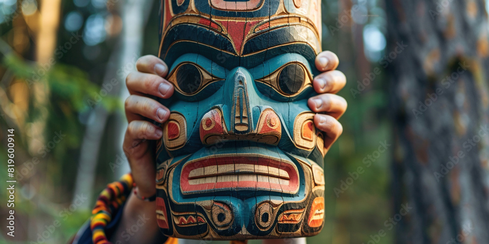 Colorful tall wooden human god face totem pole with in hand of person ...
