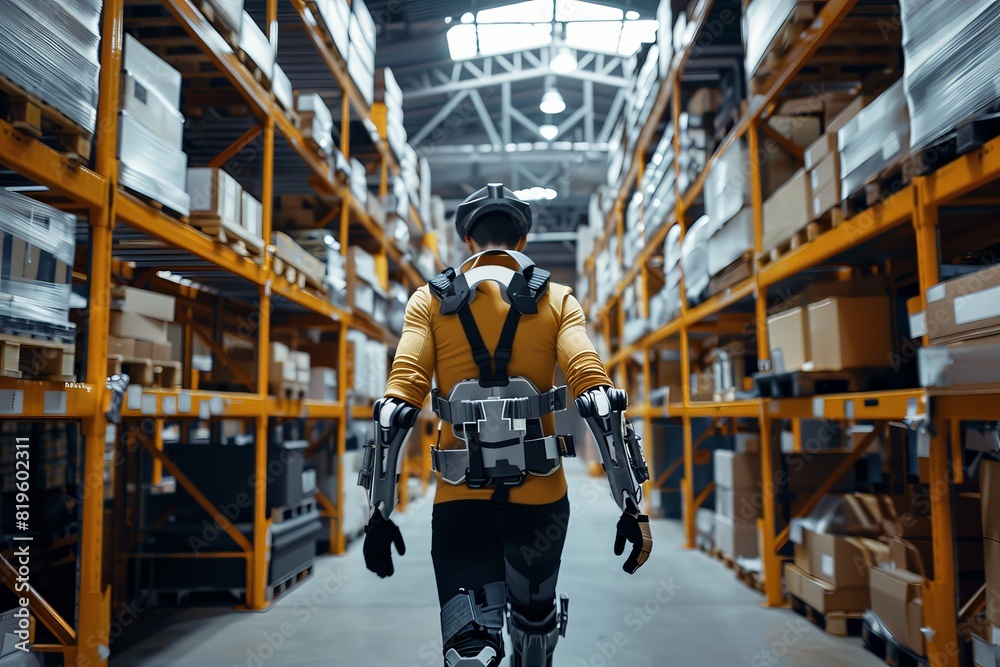 Warehouse workers use exoskeletons to lift heavy objects with ease 素材庫 ...