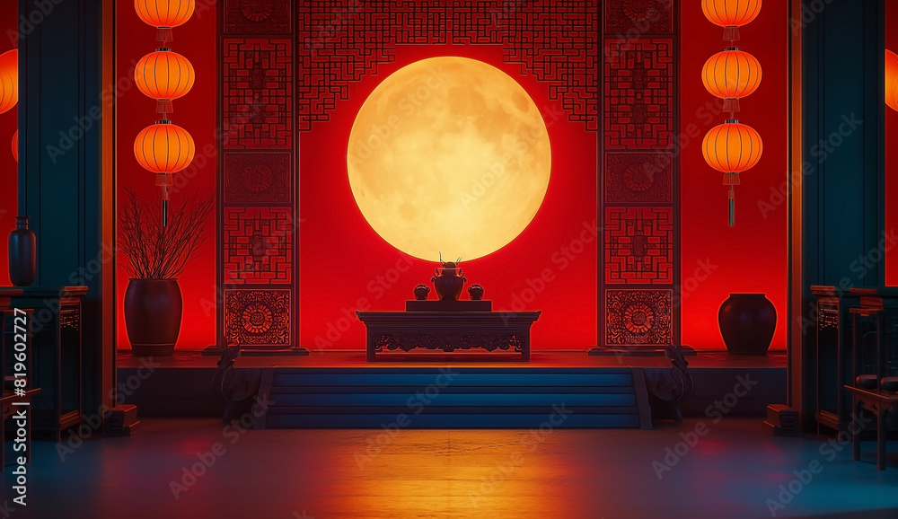 Chinese golden moon, traditional paper lantern and red background with ...