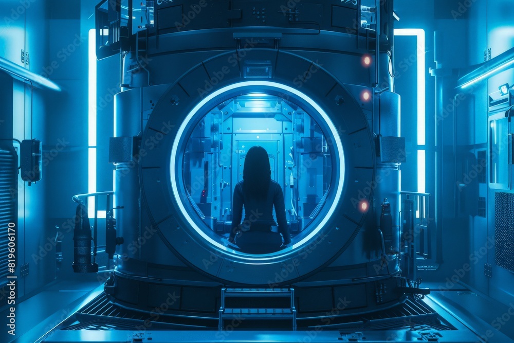 ภาพประกอบสต็อก The woman clone pod / 3D illustration of science fiction ...