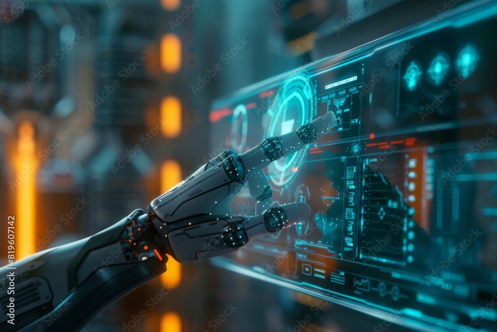 Mechanical robotic arm touching virtual hud screen interface. A robot ...