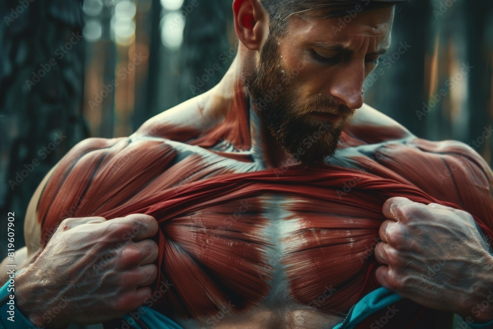 Man ripping off his chest skin to show off muscle anatomy Stock ...