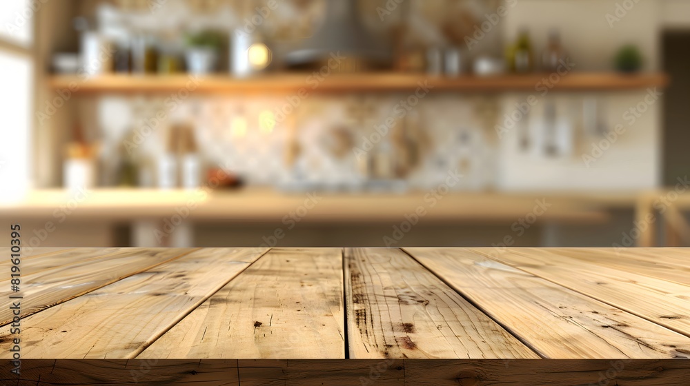 Wood table top on blur kitchen counter (room)background.For montage ...
