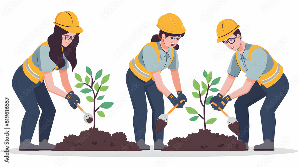 Corporate Sustainability: Employees in 3D Flat Icon Planting Trees for ...