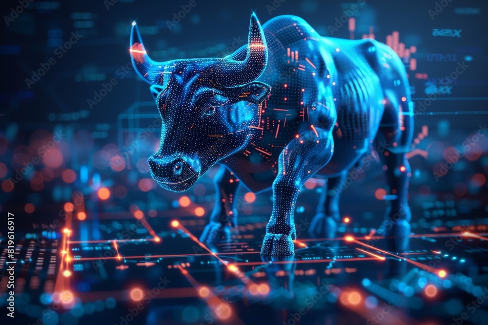 Stock market and data concept with blue digital bull near financial ...