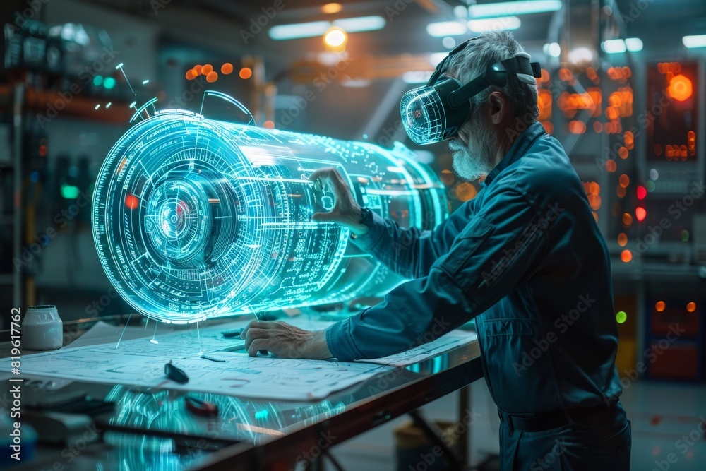 Industrial Factory Chief Engineer Wearing AR Headset Designs a ...