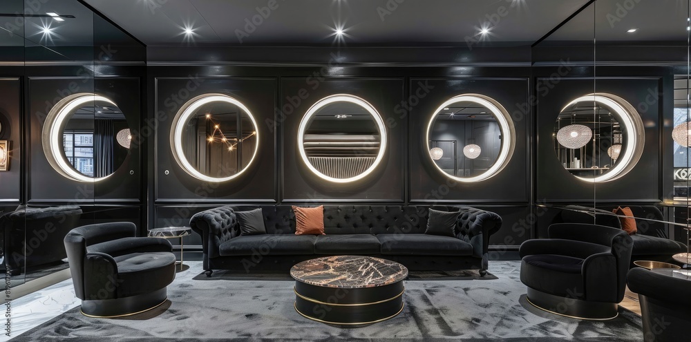 Foto de Black modern interior design of luxury office space with round mirrors and black sofa in ...