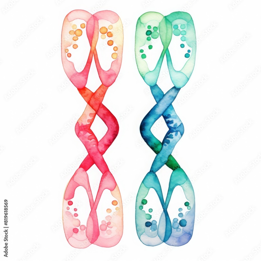Colorful watercolor depiction of double helix structure of DNA with ...