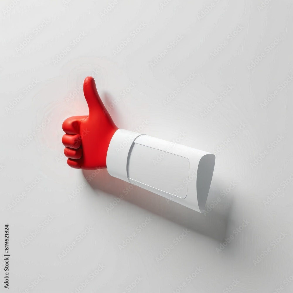 Red thumbs up sculpture mounted on a white wall, creating a bold and ...