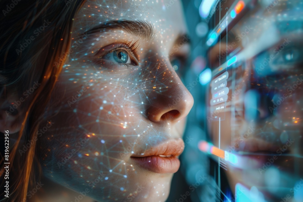 Futuristic, AI and business woman, cyber data and connectivity, iot overlay and technology ...