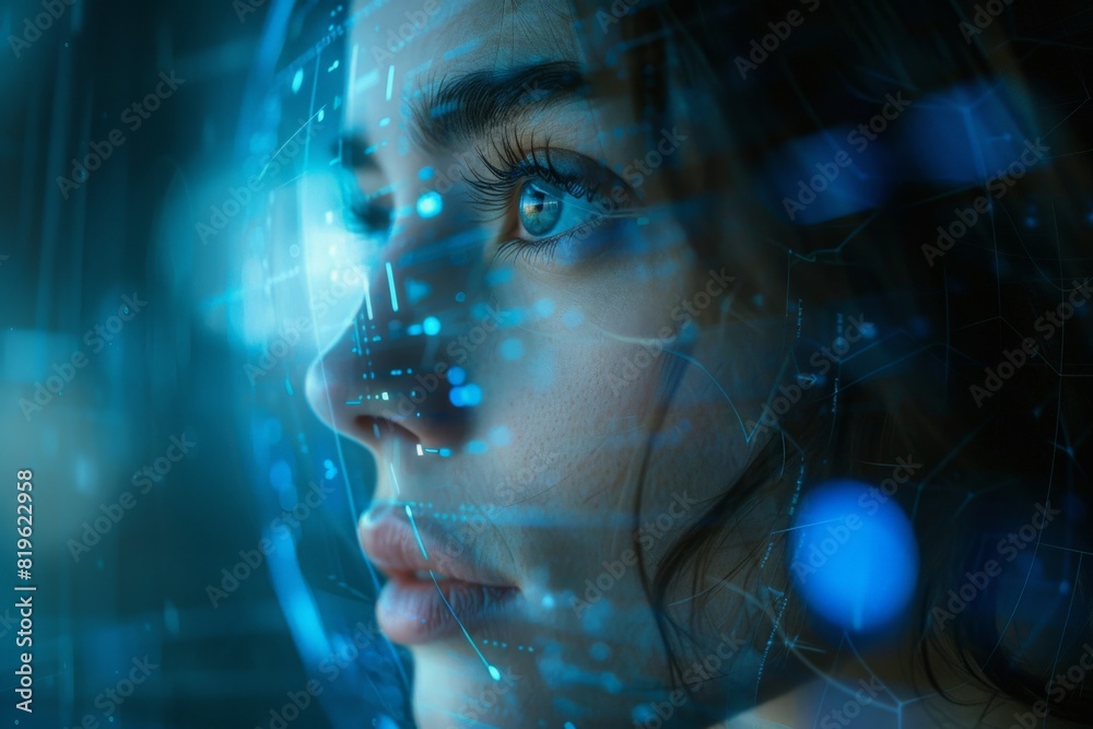 Futuristic, AI and business woman, cyber data and connectivity, iot ...