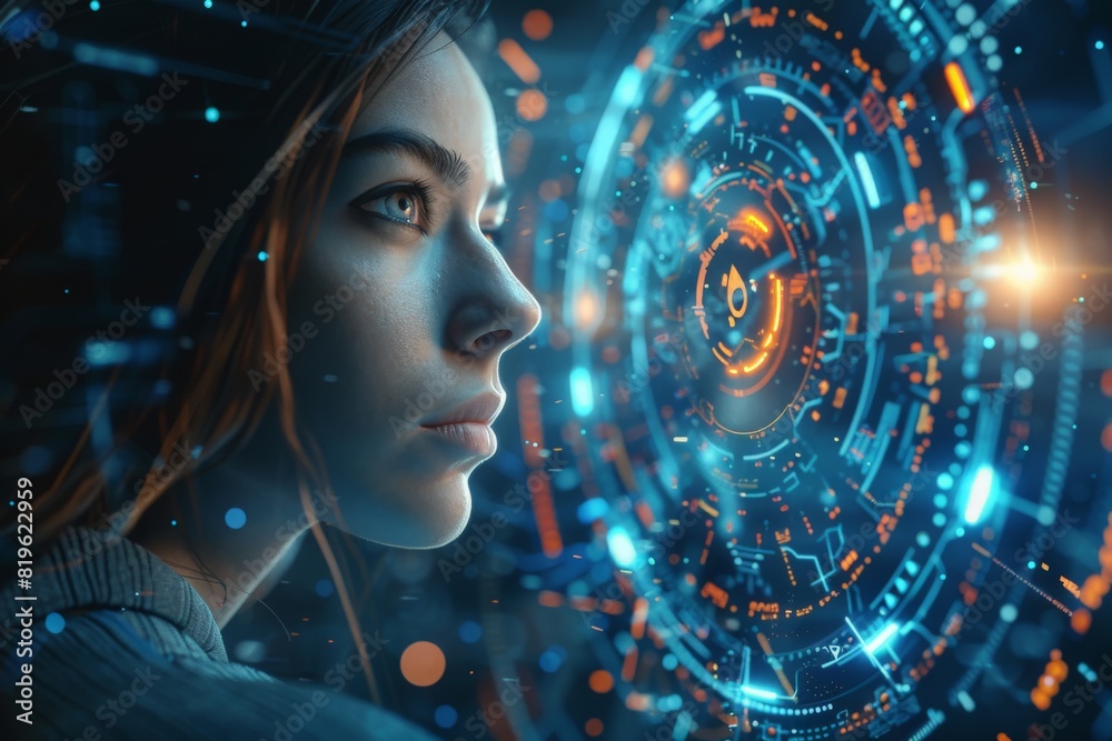 Futuristic, AI and business woman, cyber data and connectivity, iot ...