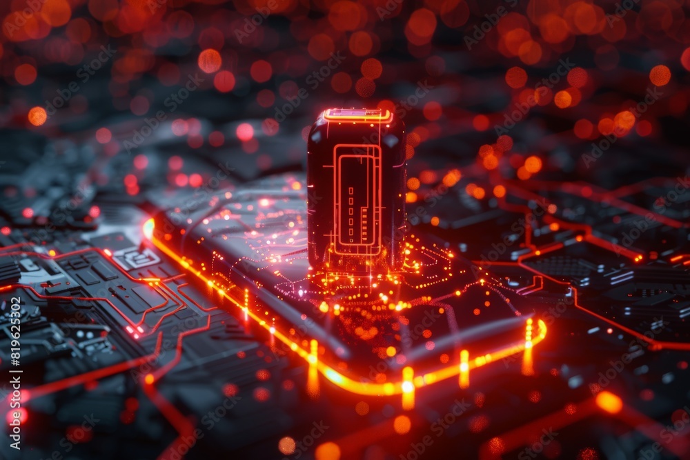 Digital battery hologram on future tech background. Innovations and ...