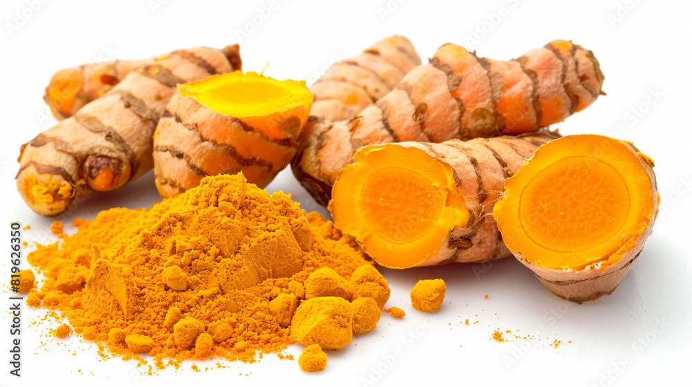 Fresh turmeric roots and ground turmeric powder on white background ...