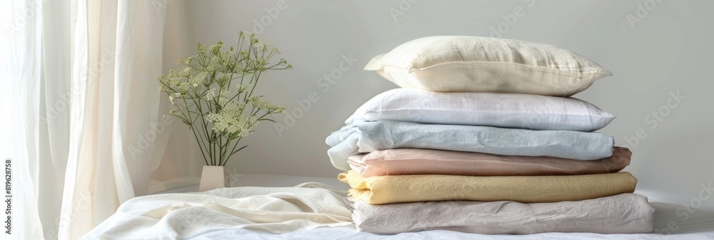 Bed On White. Collection of Clean Bed Linen Stacks on White Background ...