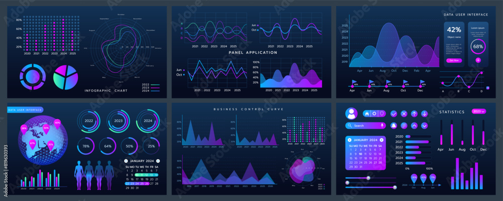 Analytics screen. Dashboard data graph. Panel application UI graphic ...