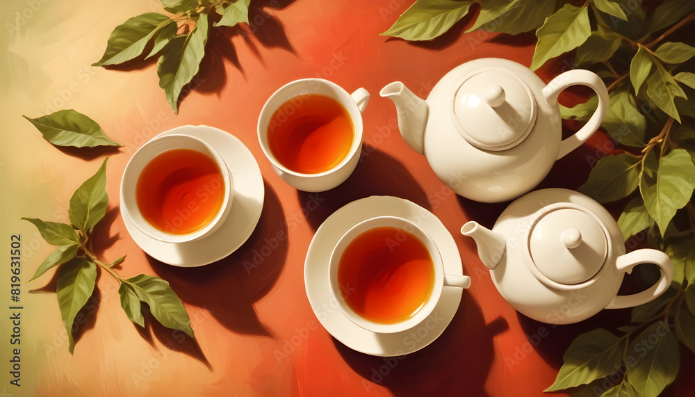 Tea set White cups and teapot Green herbal tea Overhead 18 Stock Photo ...