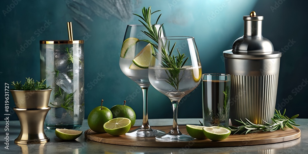 banner of classic gin and tonic cocktail with rosemary sprigs in tall ...