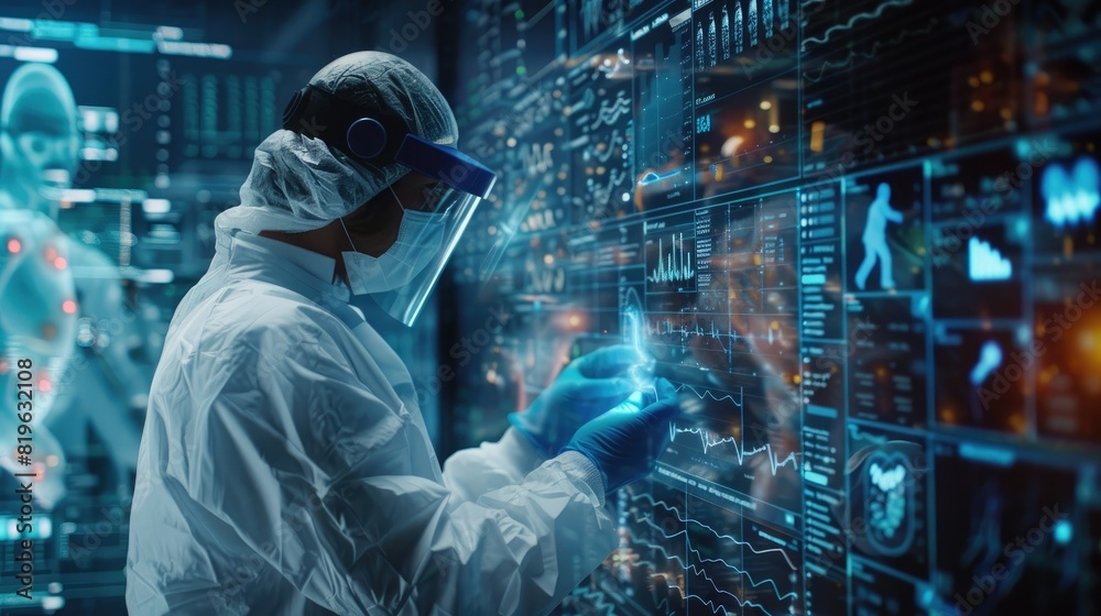 Envision a doctor immersed in the world of medical icons, reflecting ...