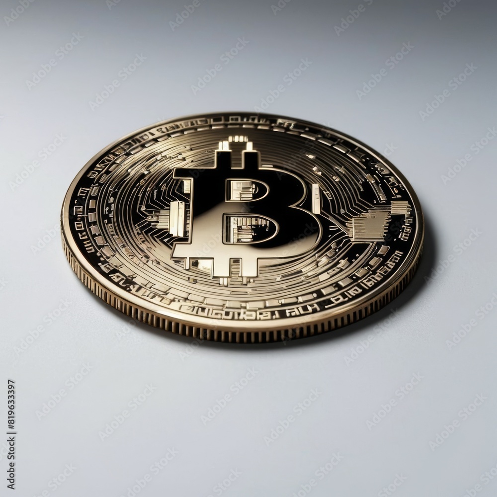 High-resolution close-up of a gold Bitcoin coin on a reflective surface ...