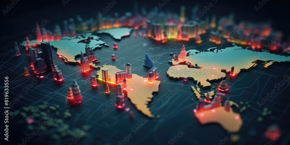 Highly detailed 3D world map with city building representations and ...