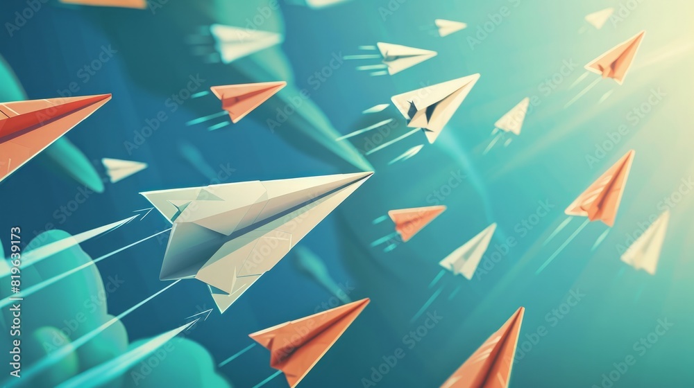 Paper Planes in Motion: Illustrate several paper planes flying towards ...