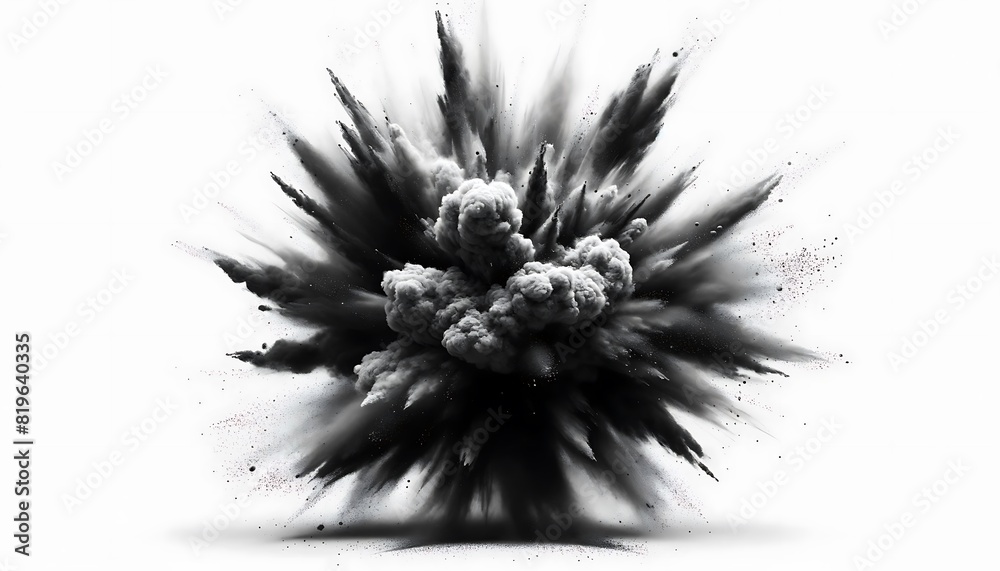 Black smoke explosion isolated on a white background in high detail ...