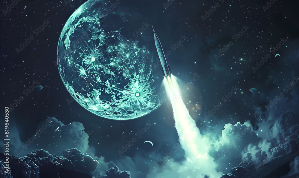 Spaceship takes off into the starry sky Launch of Space shuttle launch ...