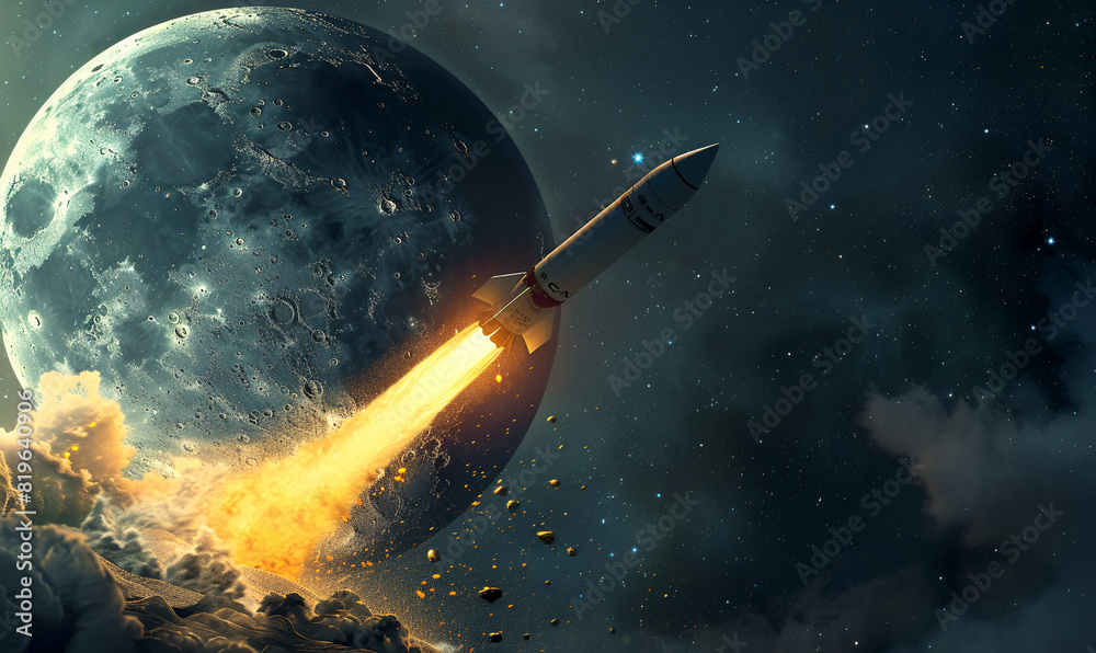 Rocket Spaceship With Smoke And Blast Takes Off Into The Starry Sky