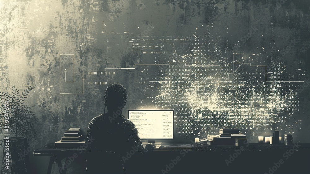 Hacker coding in a neonlit cyber cafe, digital graffiti on walls ...