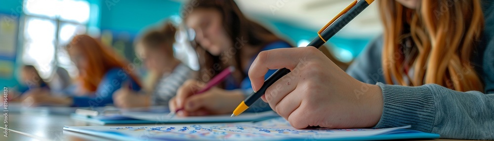 Students answering exam questions with pens, college setting, bright ...