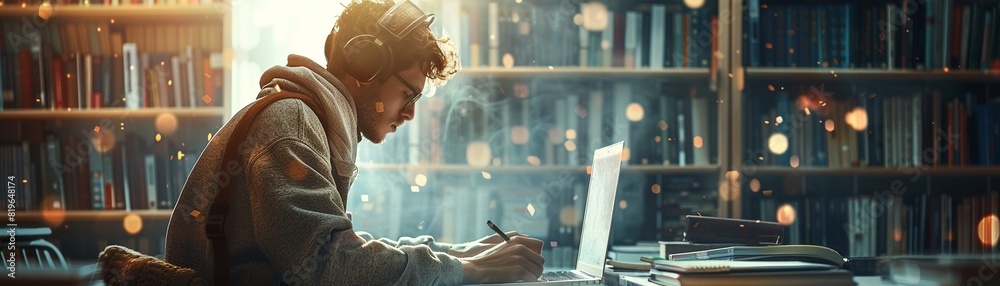 Student brainstorming ideas with a book and laptop, futuristic college ...