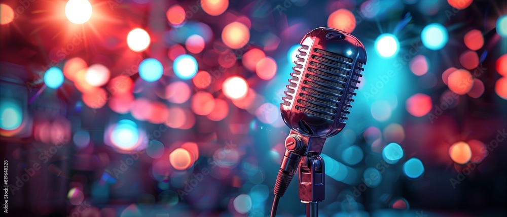 Announcer on stage with microphone, audio award event, bright lights ...