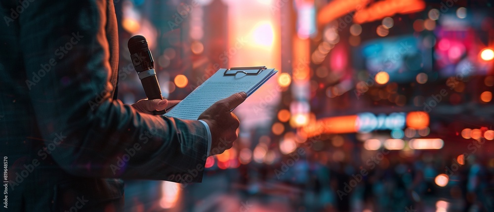Broadcast journalist addressing the public, holding notes, background ...